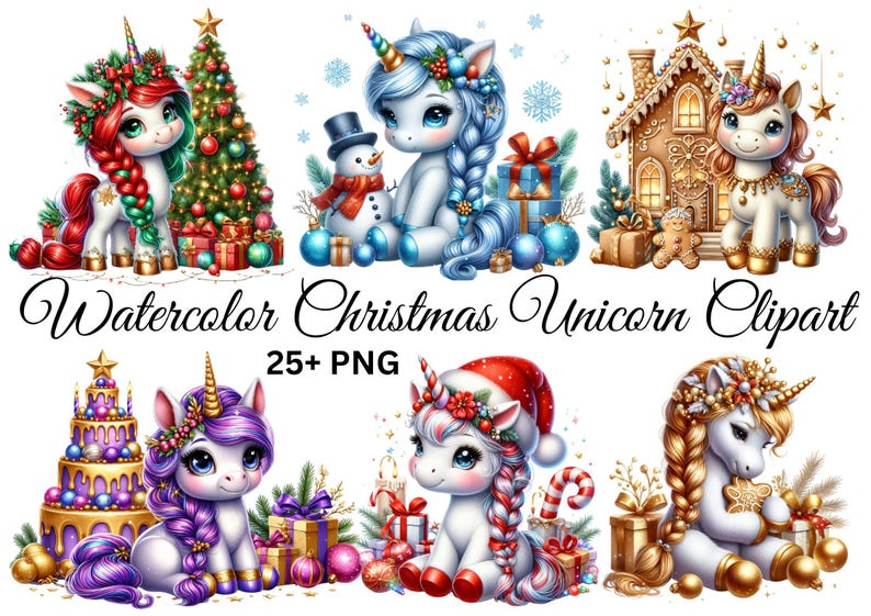 25+PNG, Christmas Unicorns Clipart Bundle, Festive Unicorn ...