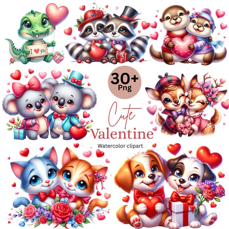 Watercolor Cute Animal Couple Clipart, 40PNG, Valentines Day Clipart ...
