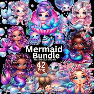 Sea Life & Mermaid Clipart PNG - Watercolor Ocean Animals, Glitter ...