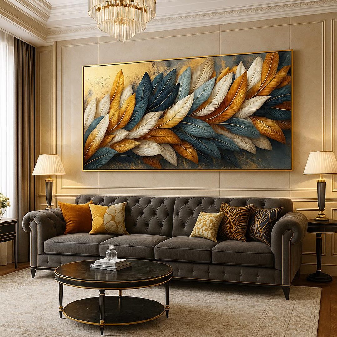 Golden & Blue Feather Wall Art – Elegant Abstract Feather Print ...
