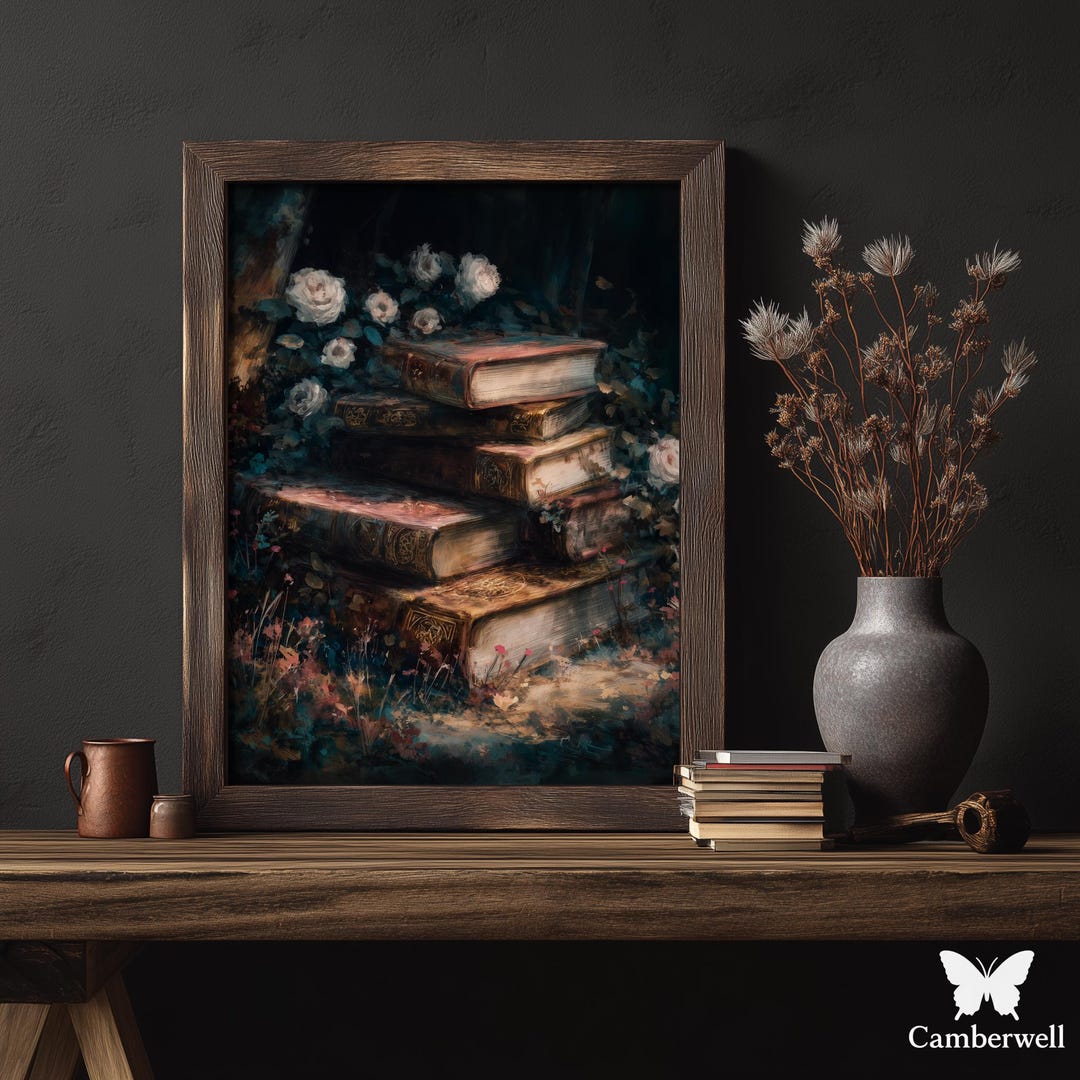Gothic Floral Book Stack Print: Dark Garden, White Roses (digital ...