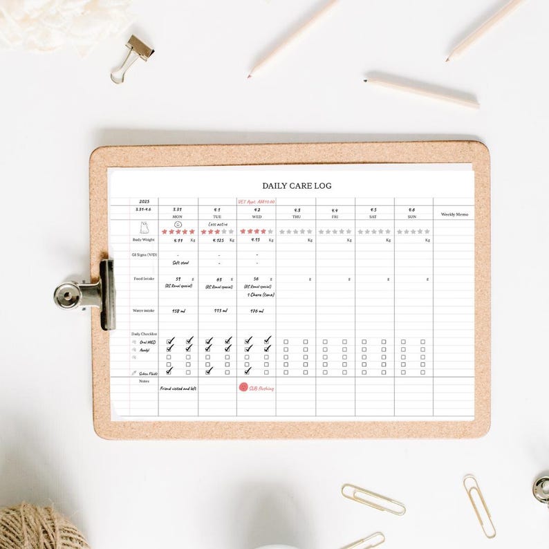 Daily Care Log | A4 Printable Inserts | VET DESIGNED | Digital Download ...