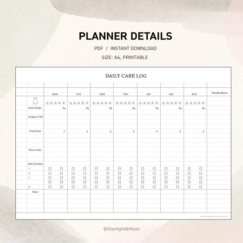 Daily Care Log | A4 Printable Inserts | VET DESIGNED | Digital Download ...