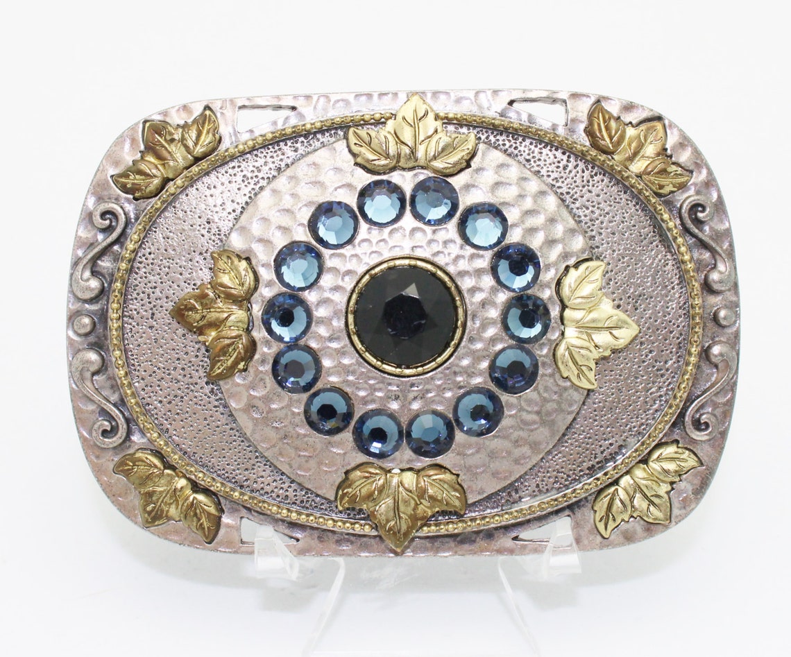 Vintage Belt Buckle Silver Gold and Rhinestones on Textured Metal - Etsy