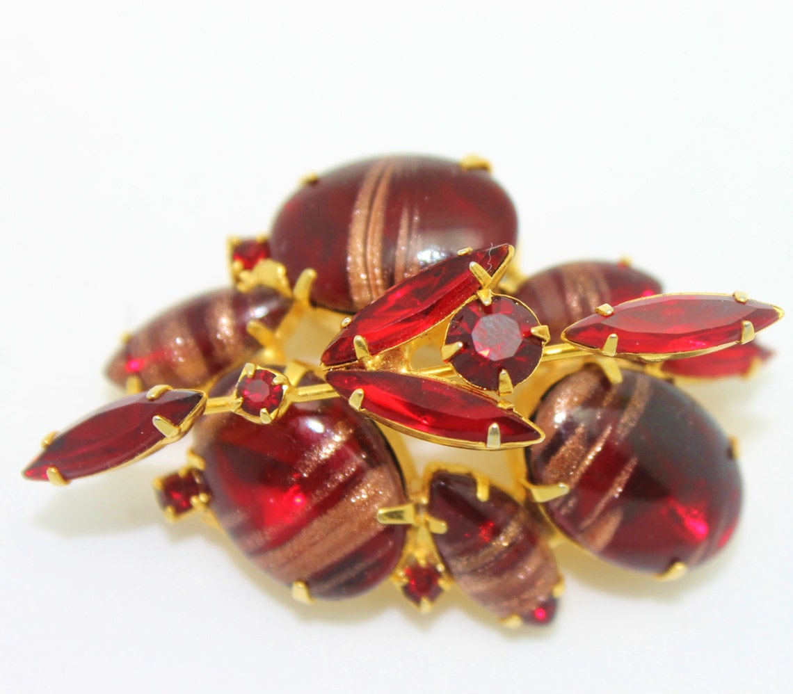 Vintage Red and Gold Art Glass Brooch - Etsy