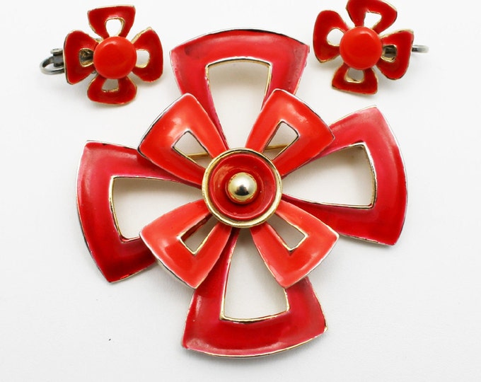 Vintage Vendome Red Enamel Brooch and Earrings Signed - Etsy