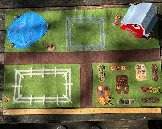 Farm Play Mat 37in X 24in. Barn, Animals, Farmer, Garden, Lake. Waldorf ...
