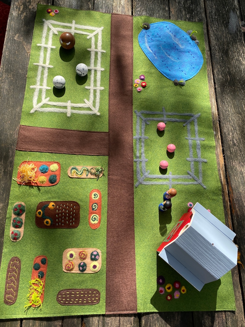Farm Play Mat 37in X 24in. Barn, Animals, Farmer, Garden, Lake. Waldorf ...