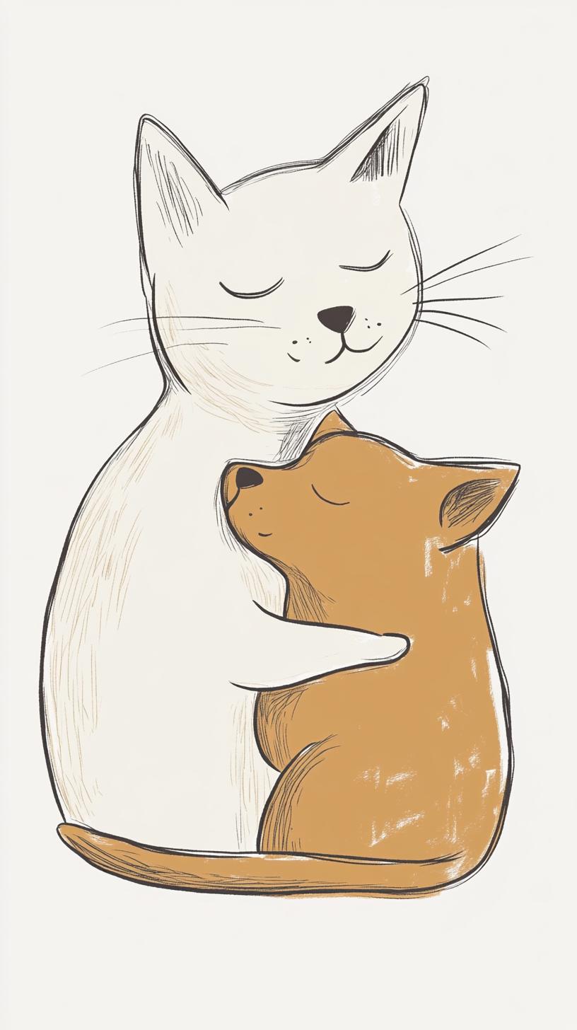 Minimalist Cat and Dog Hug Illustration | Digital Pet Wall Art, Animal ...