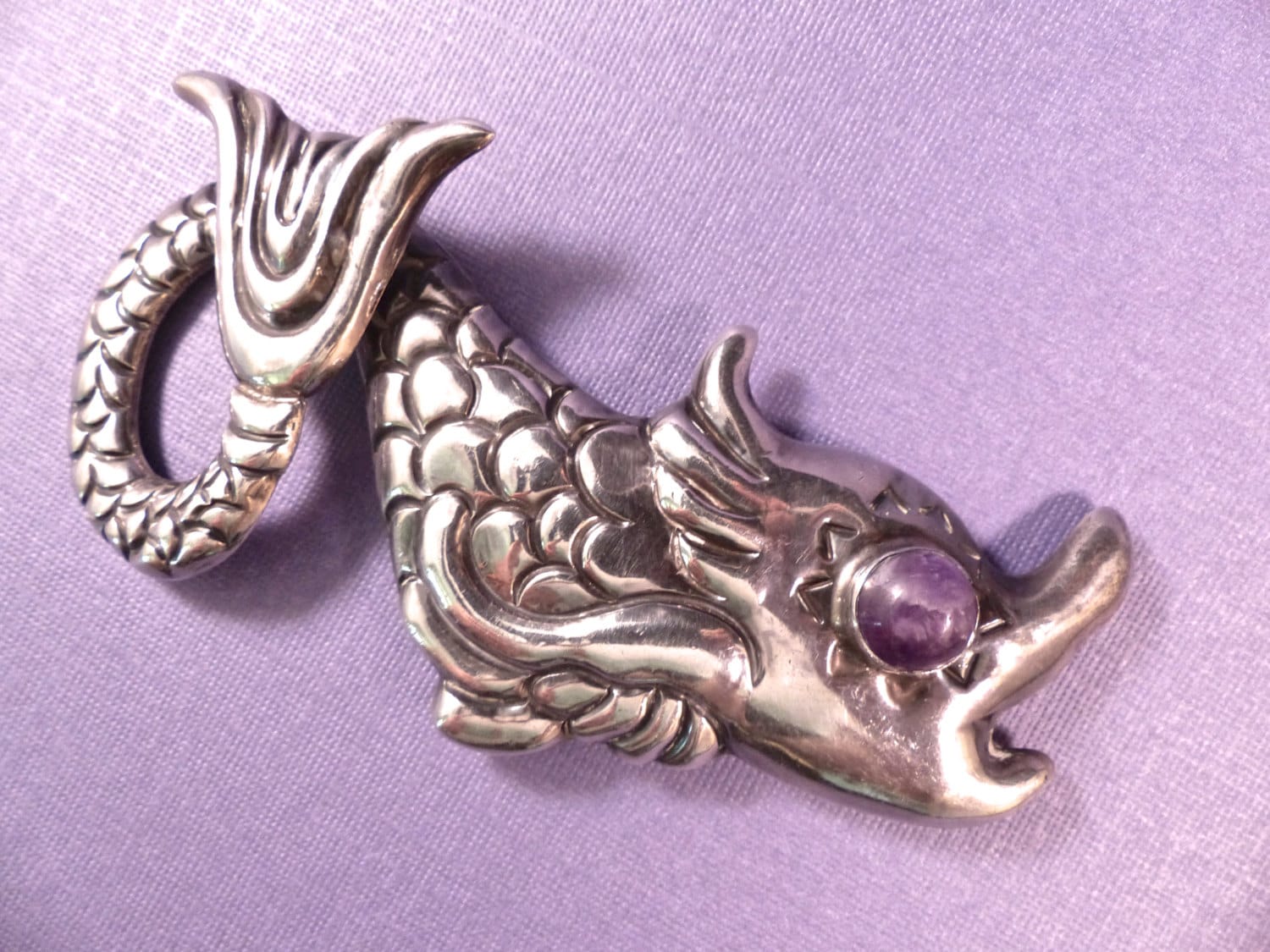 Vintage Hubert Harmon Sterling Fish Belt Buckle Section With Amethyst ...