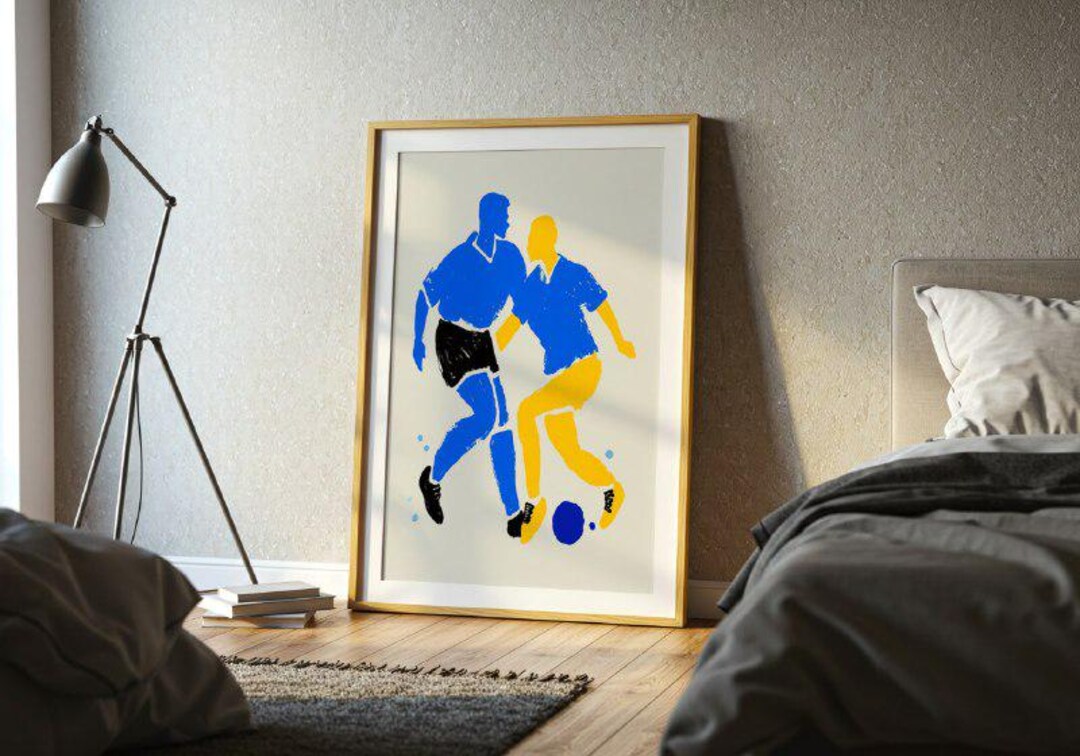 Dynamic Soccer Duo Print – Blue & Yellow Minimalist Football Art Poster ...