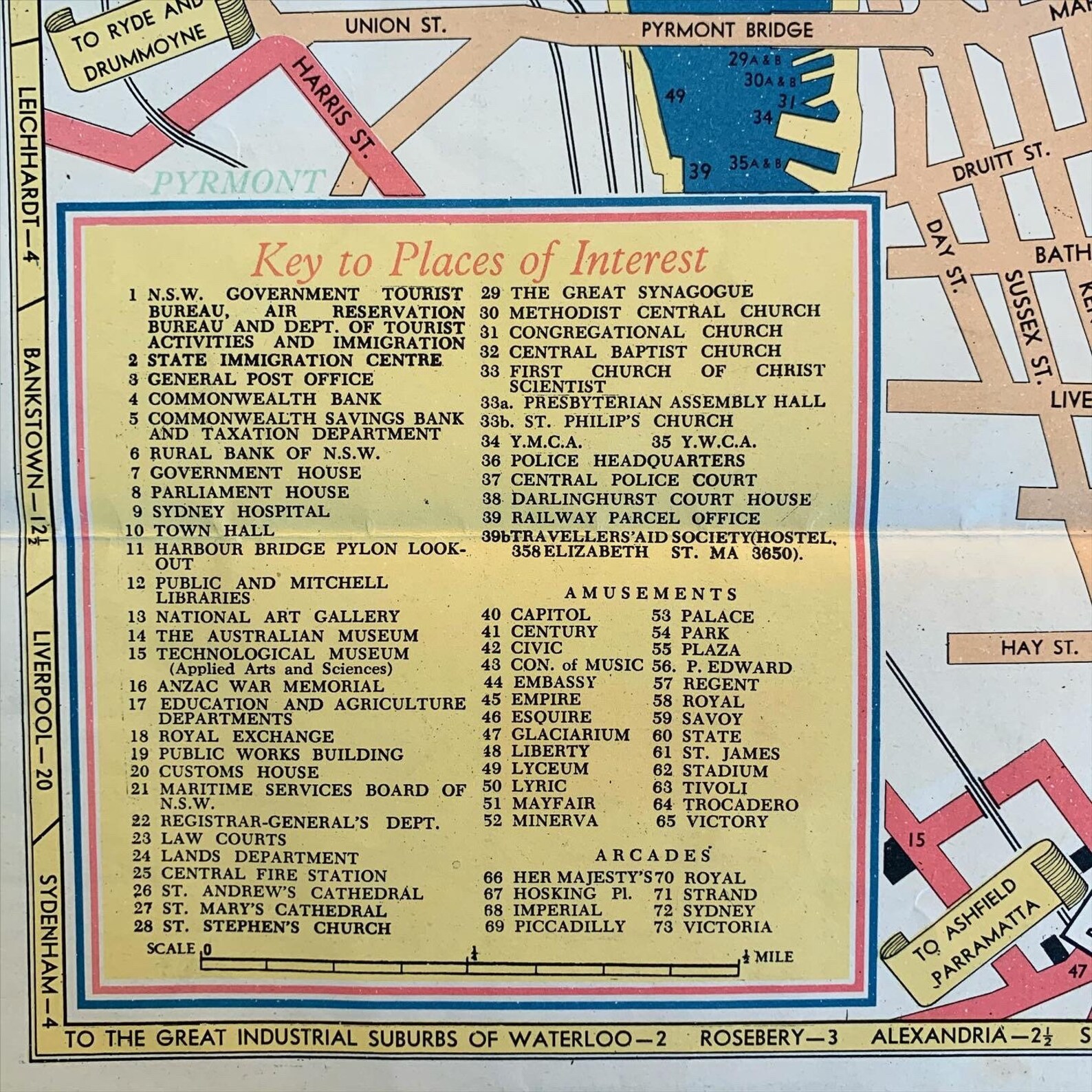 Sydney Map Vintage Map Mid Century Map Tourist Map Antique Map Wall Art ...