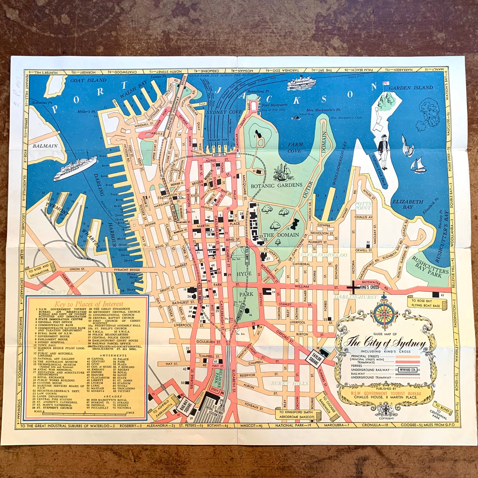 Sydney Map Vintage Map Mid Century Map Tourist Map Antique Map Wall Art ...