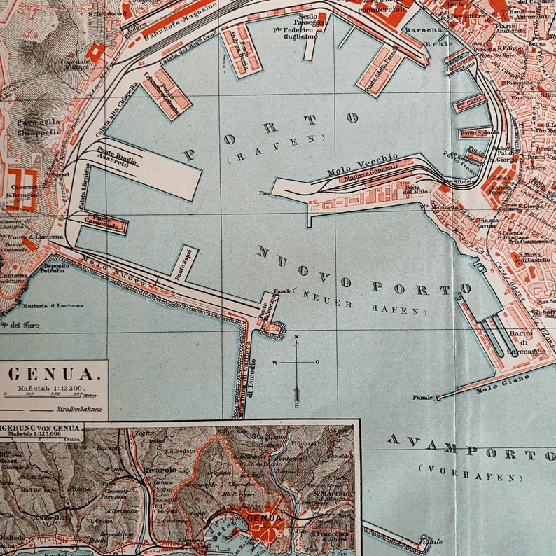 Antique Map Vintage Map 1908 Genoa City Map Planning Map Antique Map ...