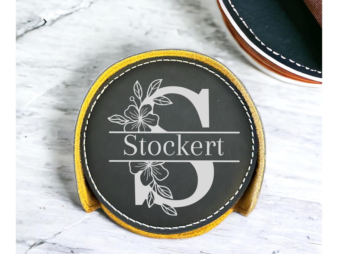 Monogram Engraved Round Coaster Set | Black Leatherette Coasters ...