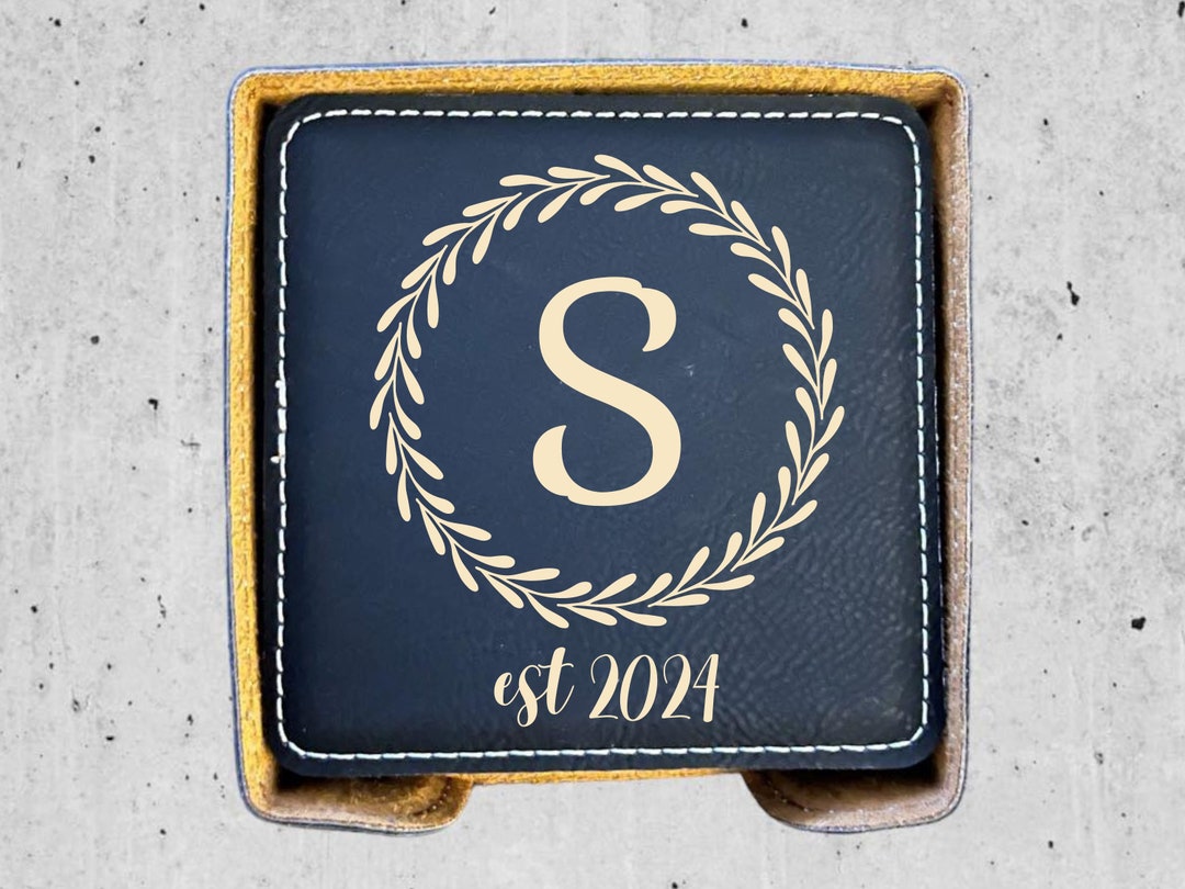 Monogram Engraved Square Coaster Set | Black Leatherette Coasters W ...