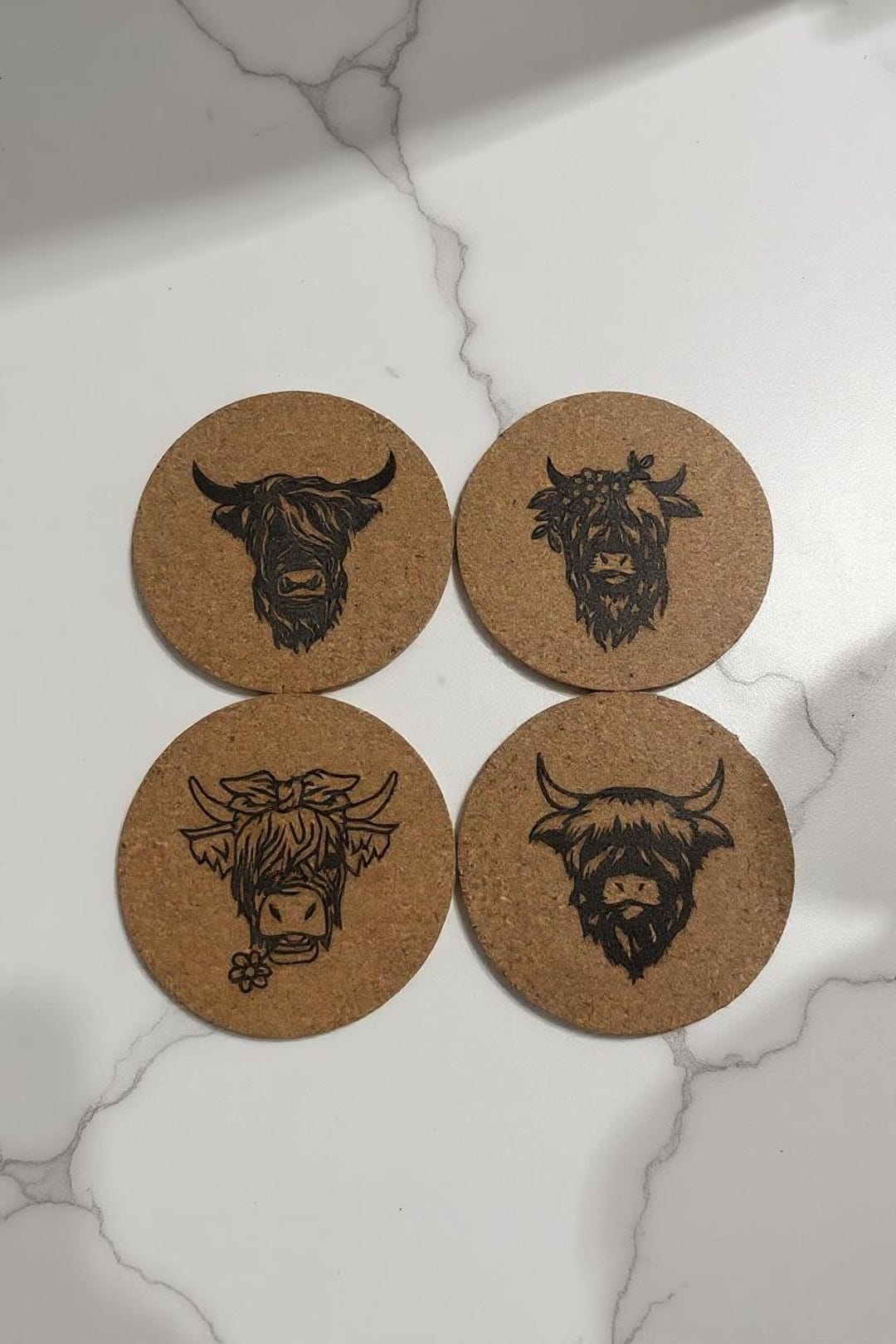 Highland Cow Cork Engraved Set of 4 Round Coaster Set | Fluffy Cow Cork ...