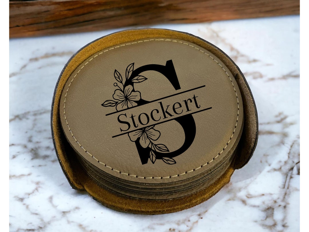 Monogram Engraved Round Coaster Set | Brown Leatherette Coasters ...