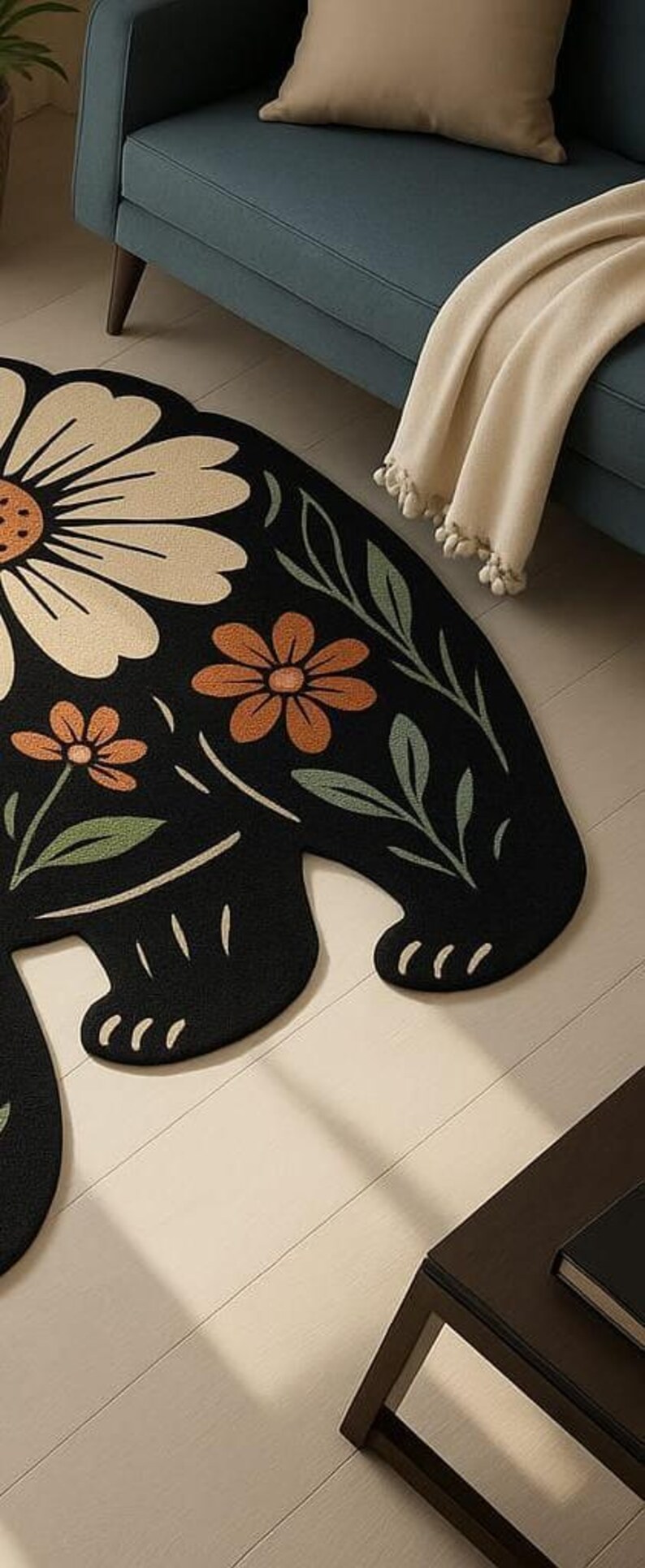 Floral Bear Tufted Rug for Kids Room & Nursery – Animal Shape Carpet ...