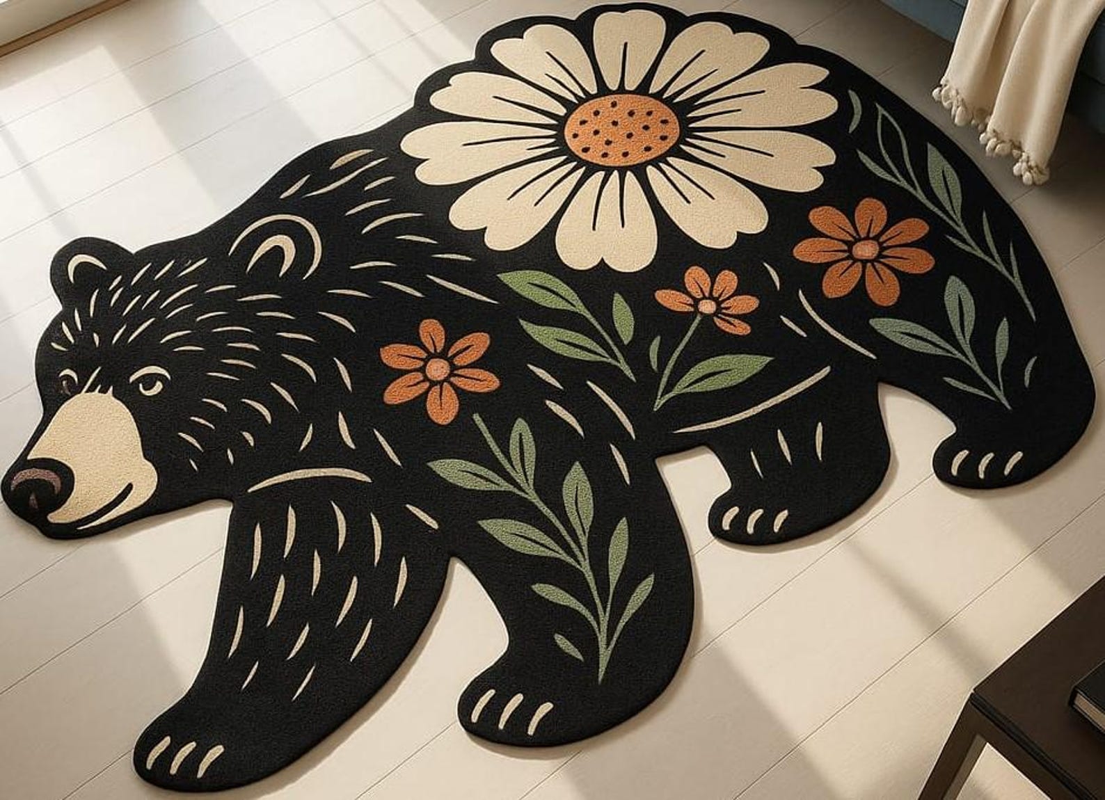 Floral Bear Tufted Rug for Kids Room & Nursery – Animal Shape Carpet ...