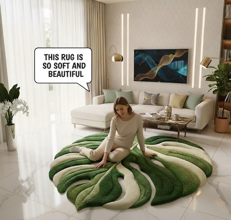 Green Monstera Leaf Rug – Botanical Nature Shape Area Rug for Living ...