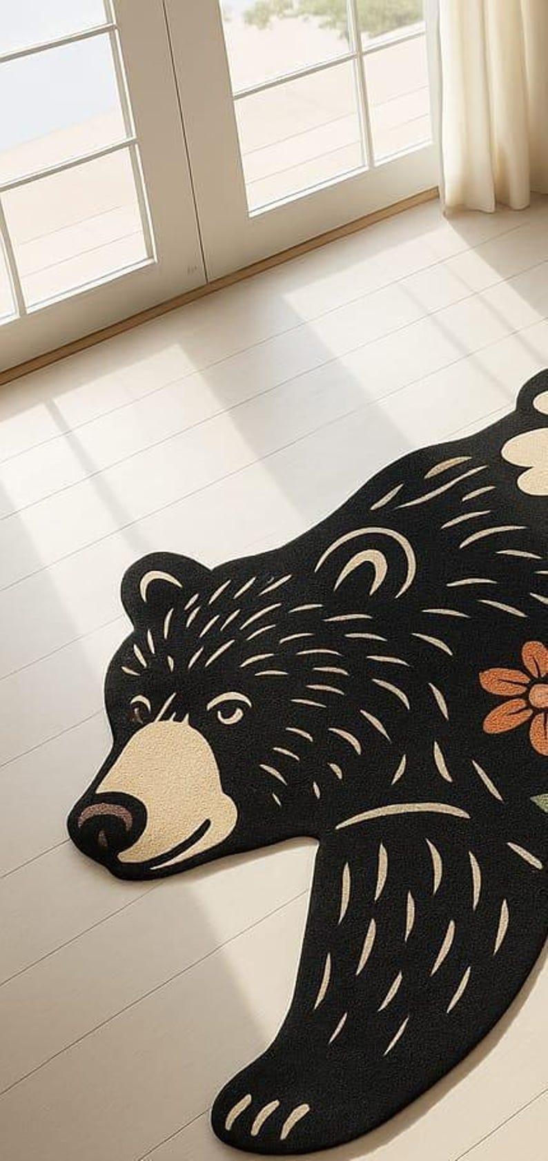 Floral Bear Tufted Rug for Kids Room & Nursery – Animal Shape Carpet ...