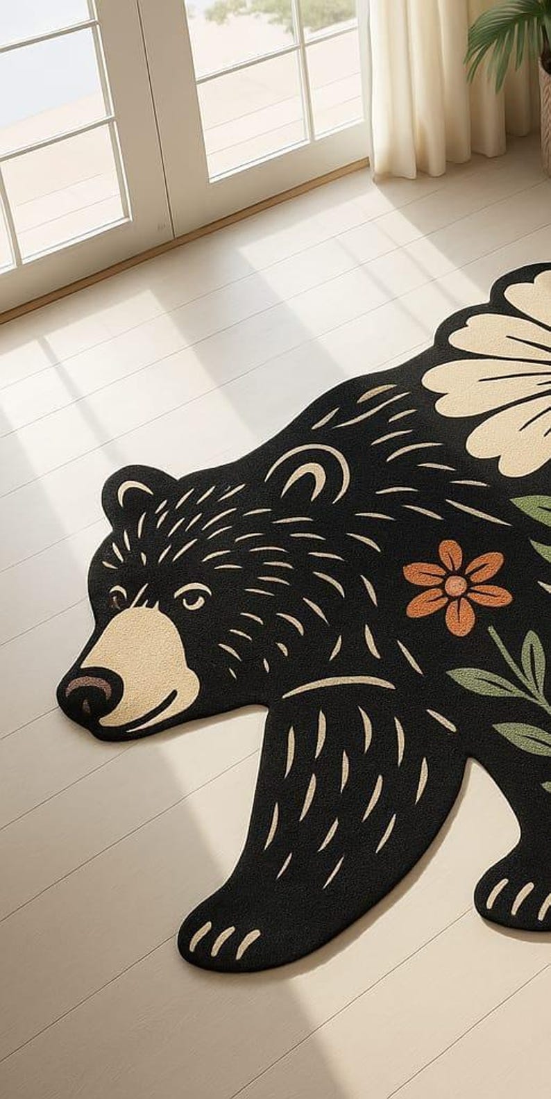 Floral Bear Tufted Rug for Kids Room & Nursery – Animal Shape Carpet ...