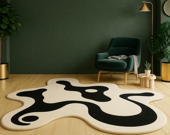 Modern Abstract Black and White Wavy Rug – Irregular Cut Contemporary ...