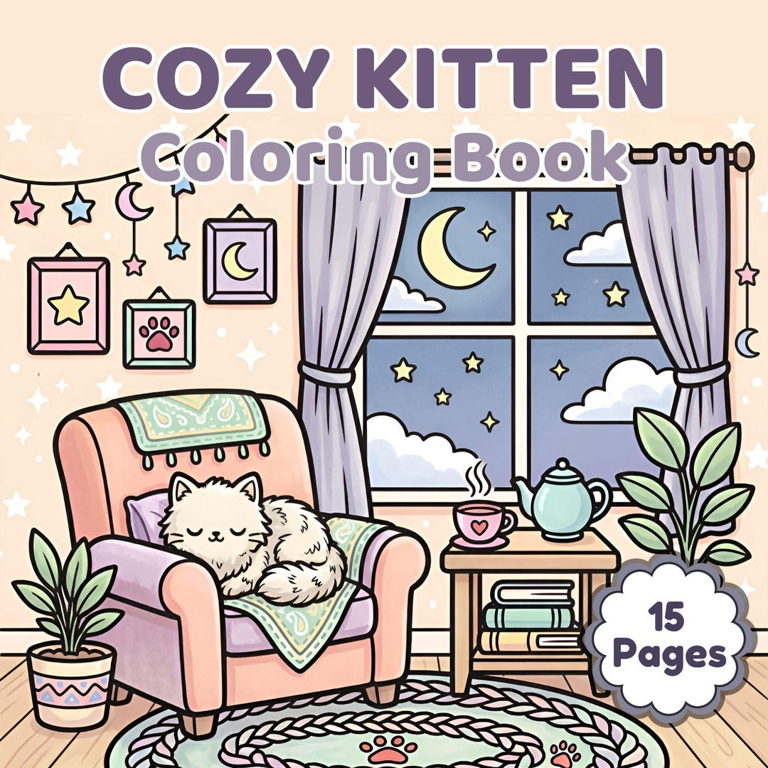 Cozy Kitten Coloring Book, Kawaii Cat Pages, Relaxing PDF (digital ...
