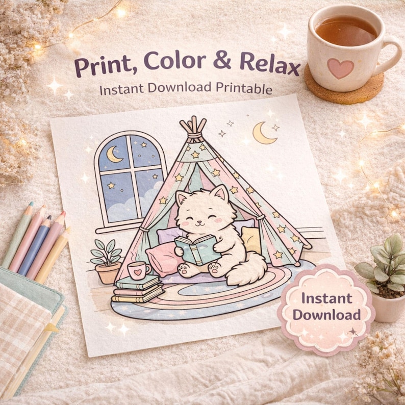 Cozy Kitten Coloring Book, Kawaii Cat Pages, Relaxing PDF (digital ...
