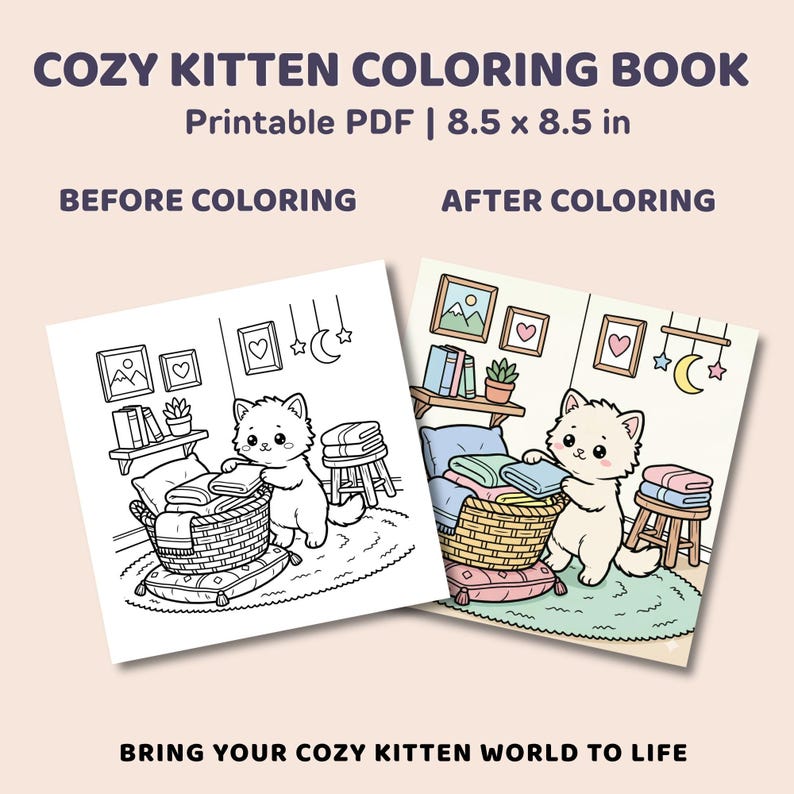 Cozy Kitten Coloring Book, Kawaii Cat Pages, Relaxing PDF (digital ...