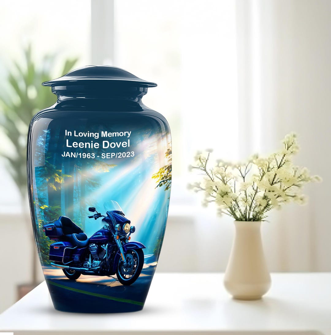 Motorcycle Cremation Urn – Personalized Forest Road Biker Memorial - Etsy