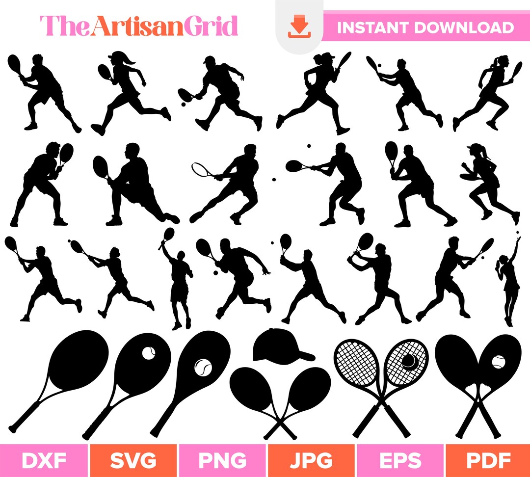 Tennis SVG Silhouette Bundle, Tennis Player Cut File SVG, Tennis Ball ...