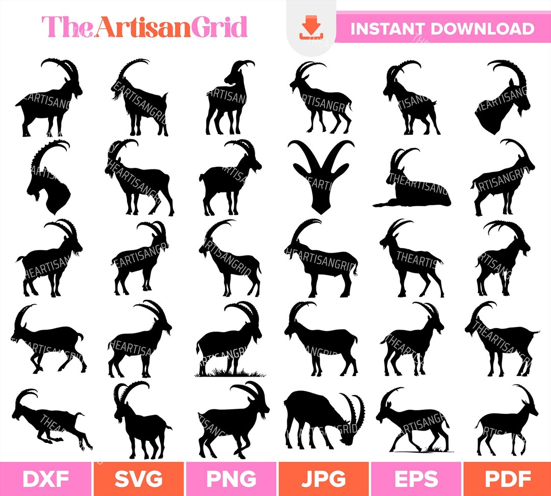 Ibex SVG Bundle, Mountain Goat PNG Clipart, Alpine Ibex Silhouettes ...