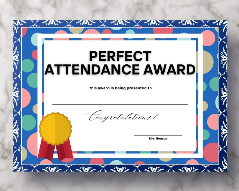Editable Perfect Attendance Award Certificate | Canva Template (PDF ...