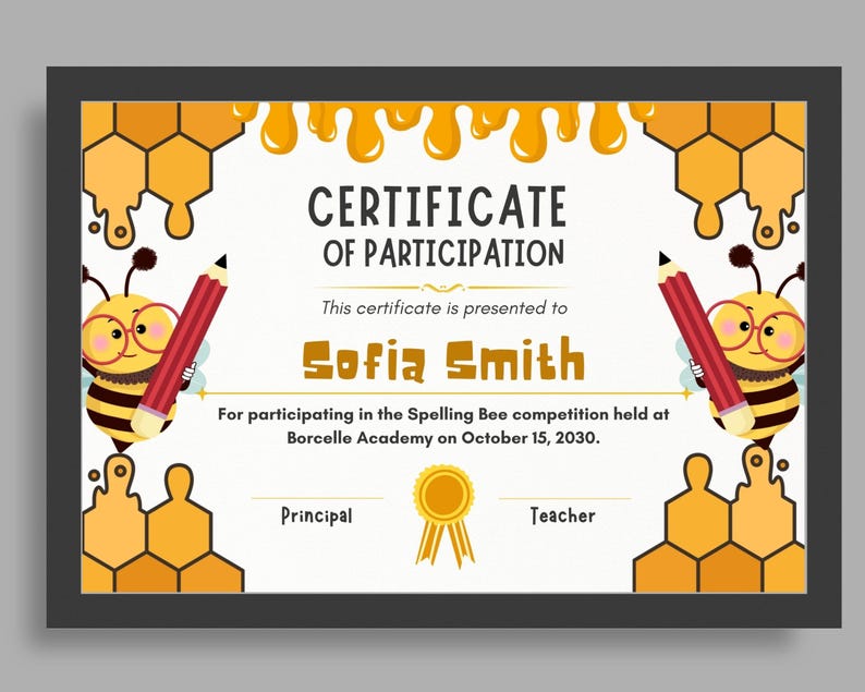 Editable Spelling Bee Certificate | Printable School Award (canva ...