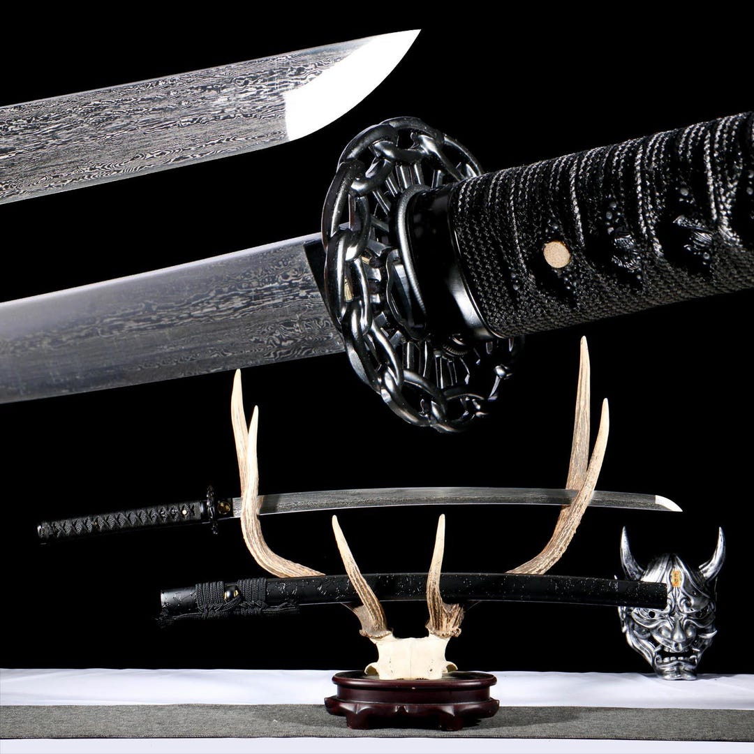 Handmade Black Katana With Etched Wave Pattern & Chain Tsuba ...
