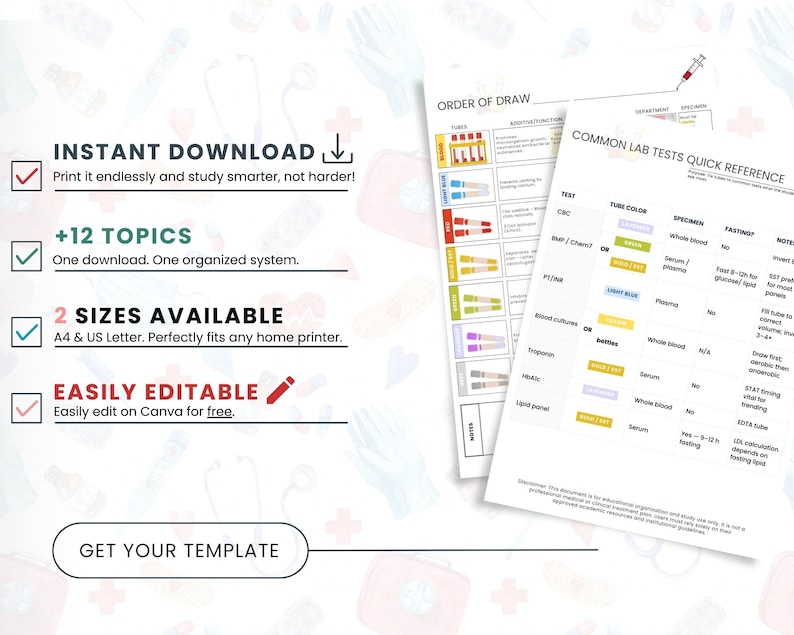 Phlebotomy Study Guide, Order of Draw and Lab Values, Printable Notes ...