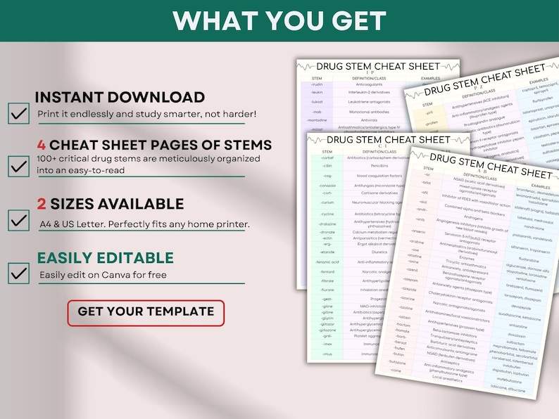 Drug Stem Cheat Sheet | Pharmacology Study Guide for Nursing Students ...