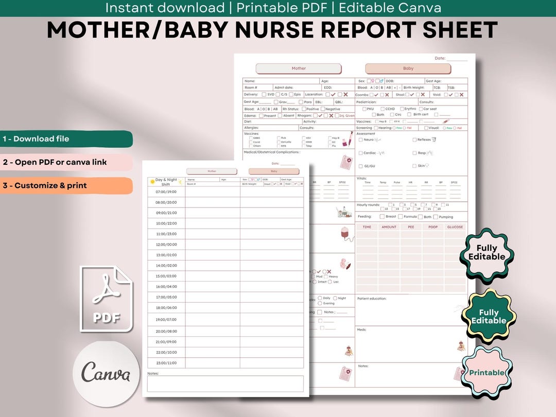 Mother Baby Nurse Report Sheet | Postpartum Nurse Template | Labor ...