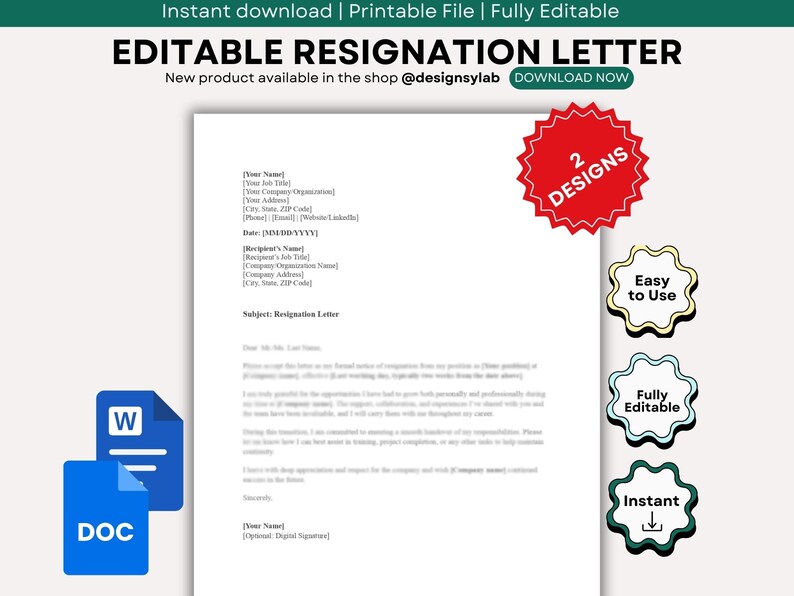 Editable Resignation Letter Template, Editable Professional Resignation ...