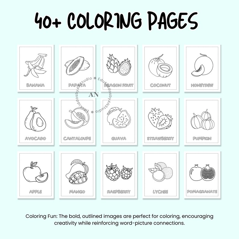 Fruits Vegetables Coloring Pages, Kids Toddlers Preschool Coloring Book ...