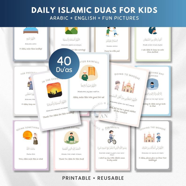 Simple Daily Islamic Dua Flashcards for Kids: Arabic & English Learning ...