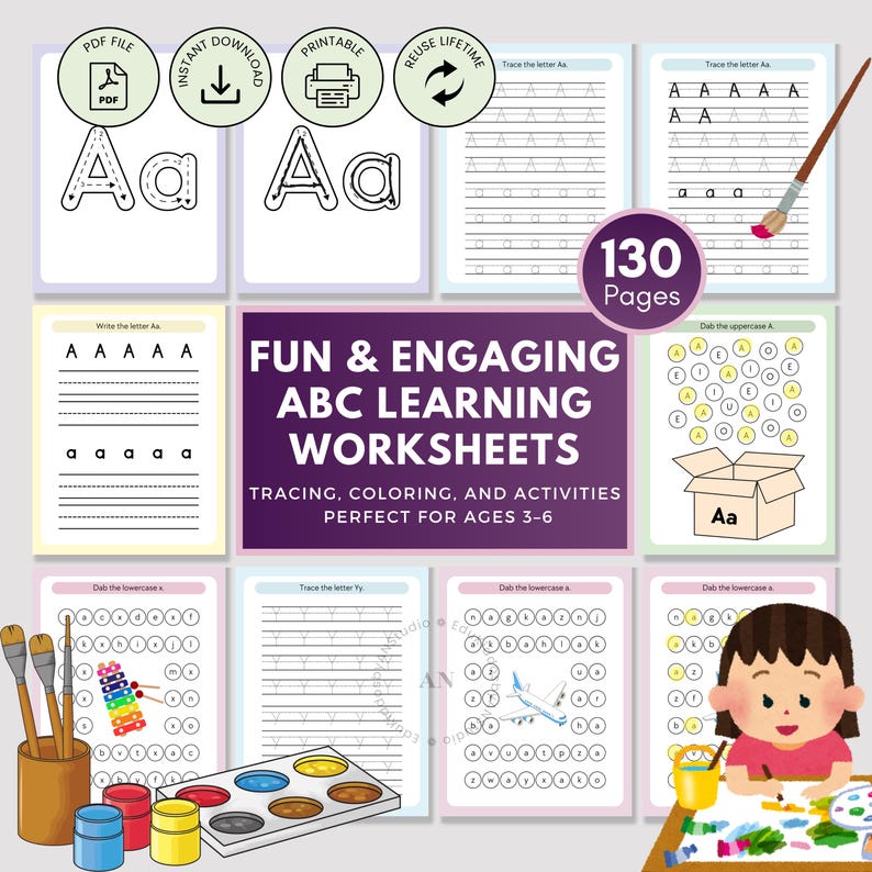 ABC Learning Worksheets, Tracing, Coloring, Activities (printable PDF ...