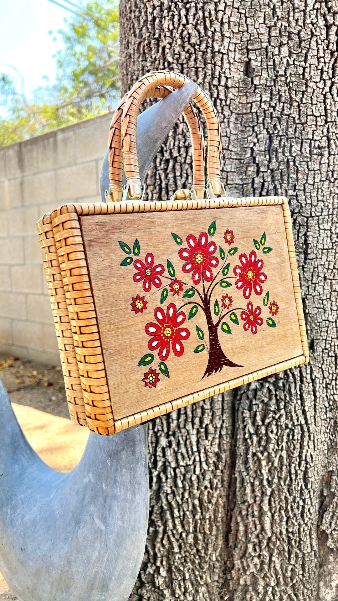 Vintage Wicker Purse, Hand-painted Red Flowers, 1950s Lesco Lona Design ...