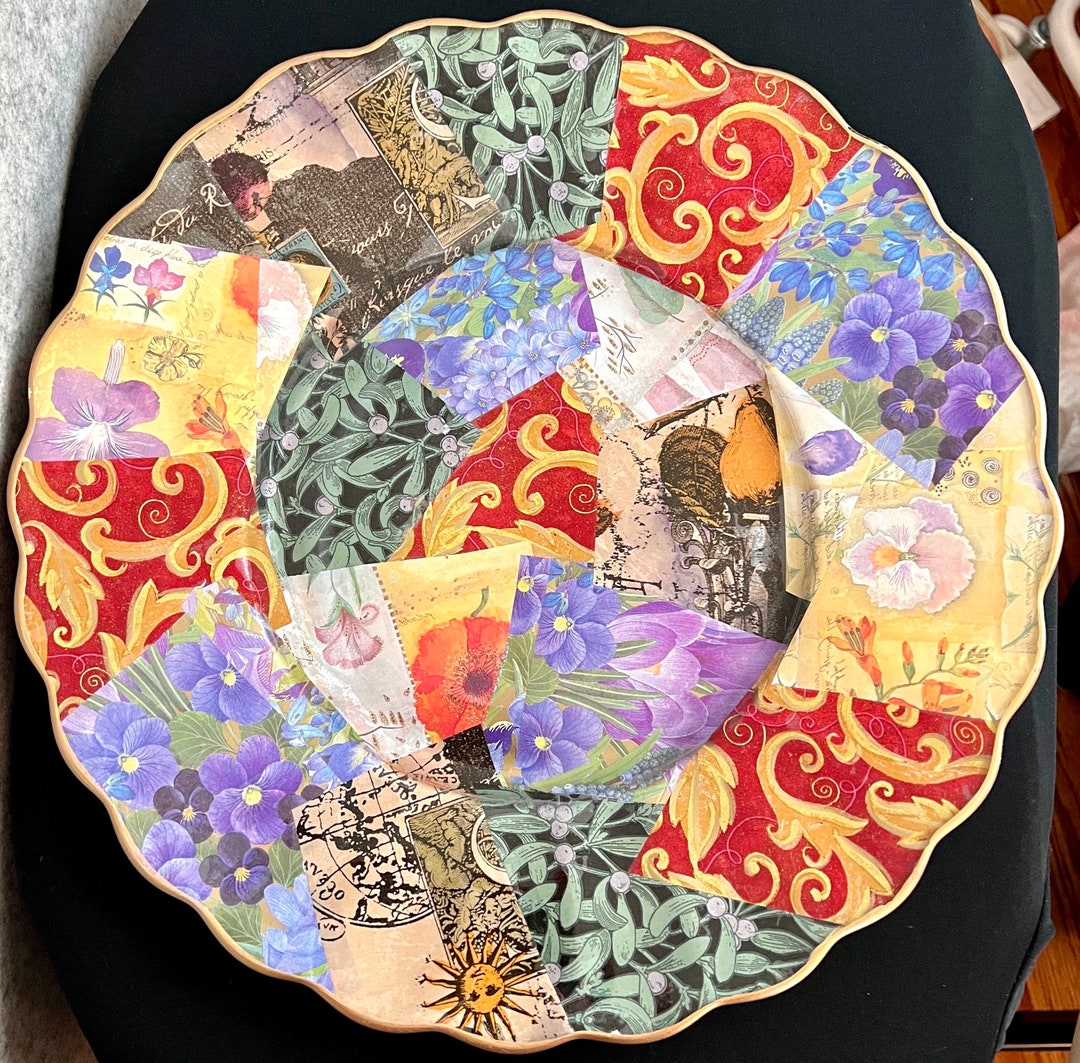 Decoupage Glass Platter, Scalloped Edge Vintage Platter, Toile Backing ...