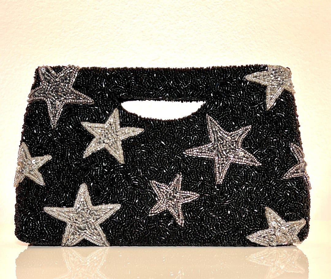 TIANA Designs Hand Beaded Evening Bag, Silver Stars, Black Background ...