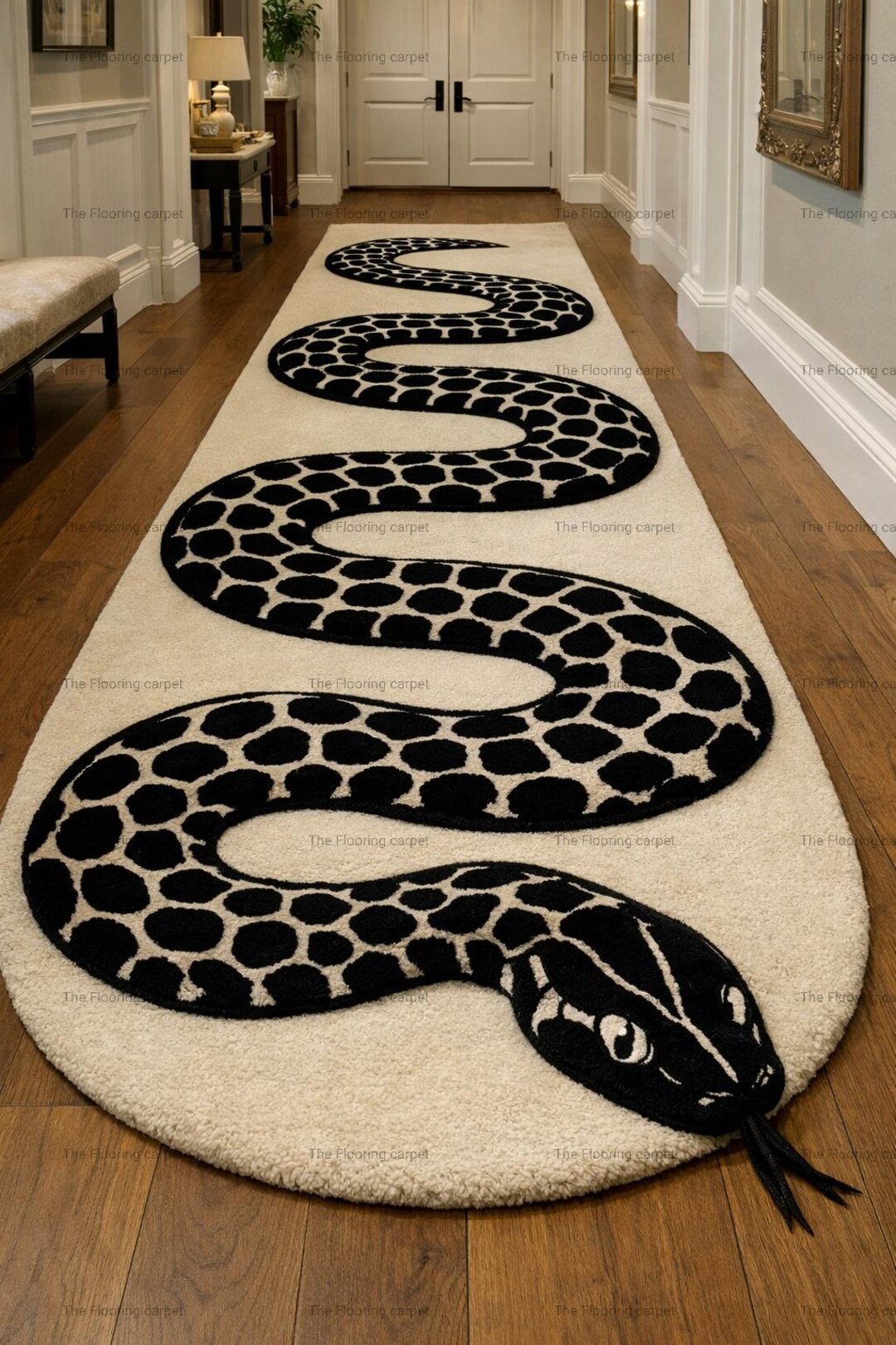 Handmade Snake Runner Rug, Large Black and White 3D Tufted Hallway ...