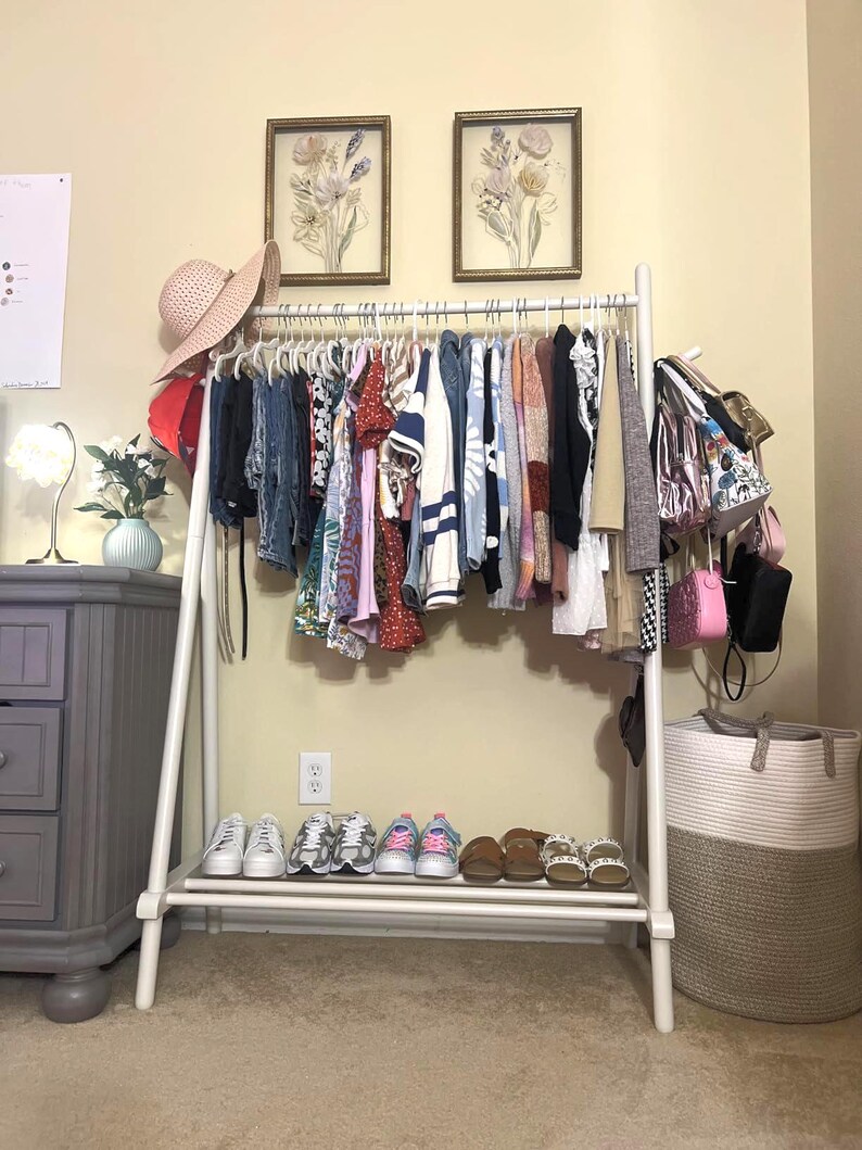 Solid Wood Clothing Rack With Shelves, Rolling Garment Rack on Wheels ...
