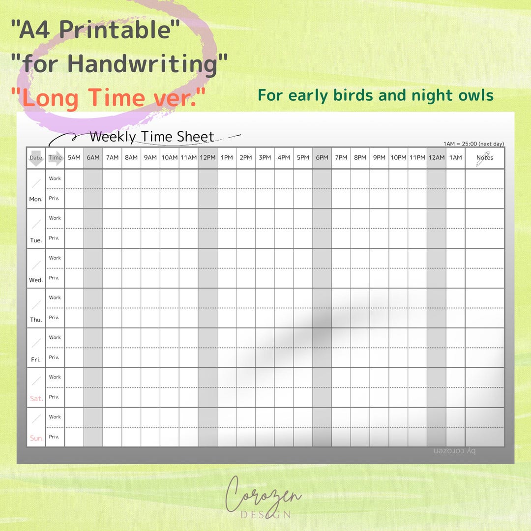 Weekly Time Sheet – Long Time Version | A4 Printable PDF, Extended ...